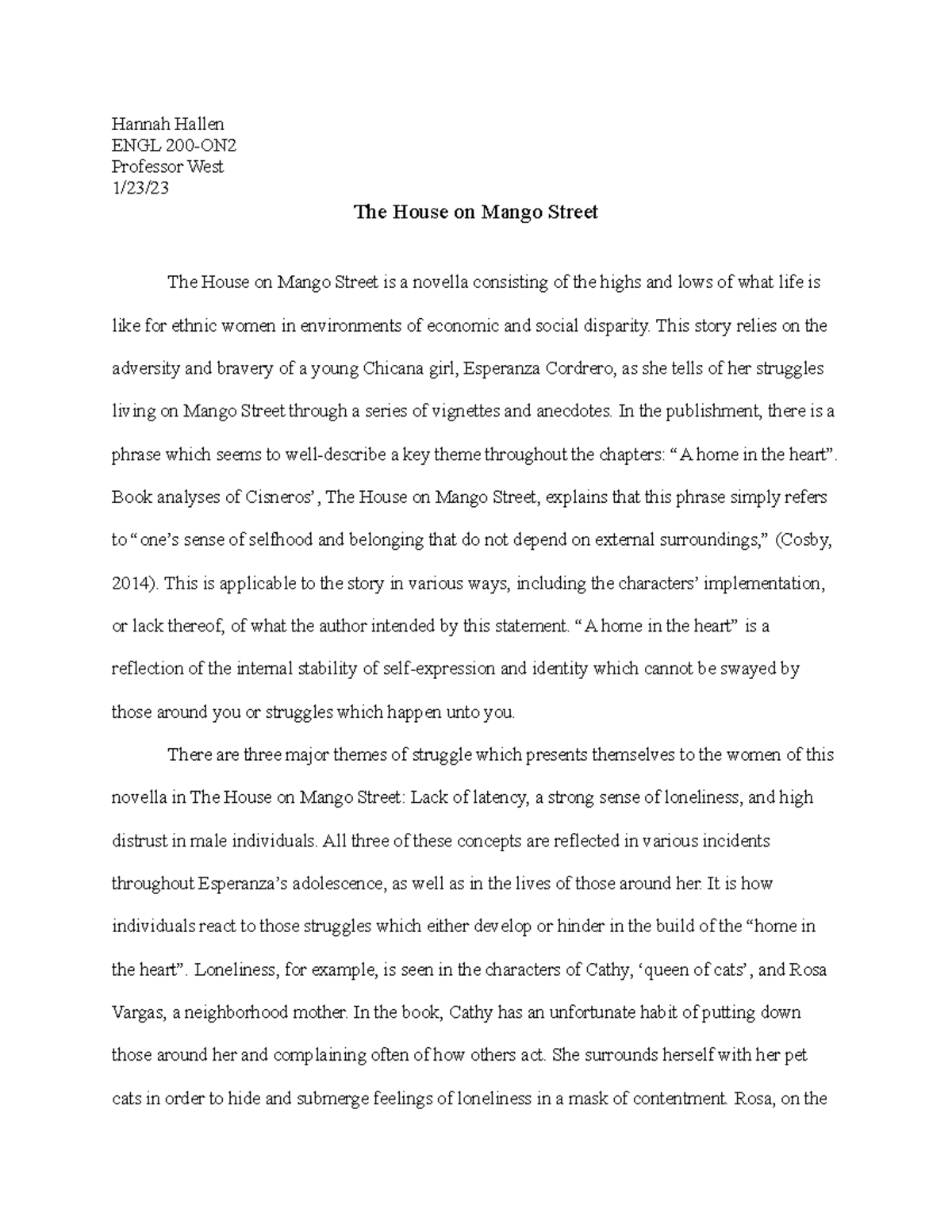 Hannah Hallen - ENGL ON2 Essay 1 - Hannah Hallen ENGL 200-ON Professor ...