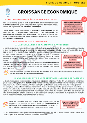 ÉCO Chapitre 1 la croissance - croissance= f(L + K) + PT croissance extensive OA 2 : le progrès ...