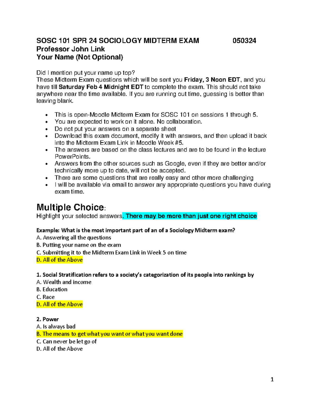 SOSC 101 SPR 24 Midterm EXAM 050324 - SOSC 101 SPR 24 SOCIOLOGY MIDTERM EXAM 050324 Professor ...