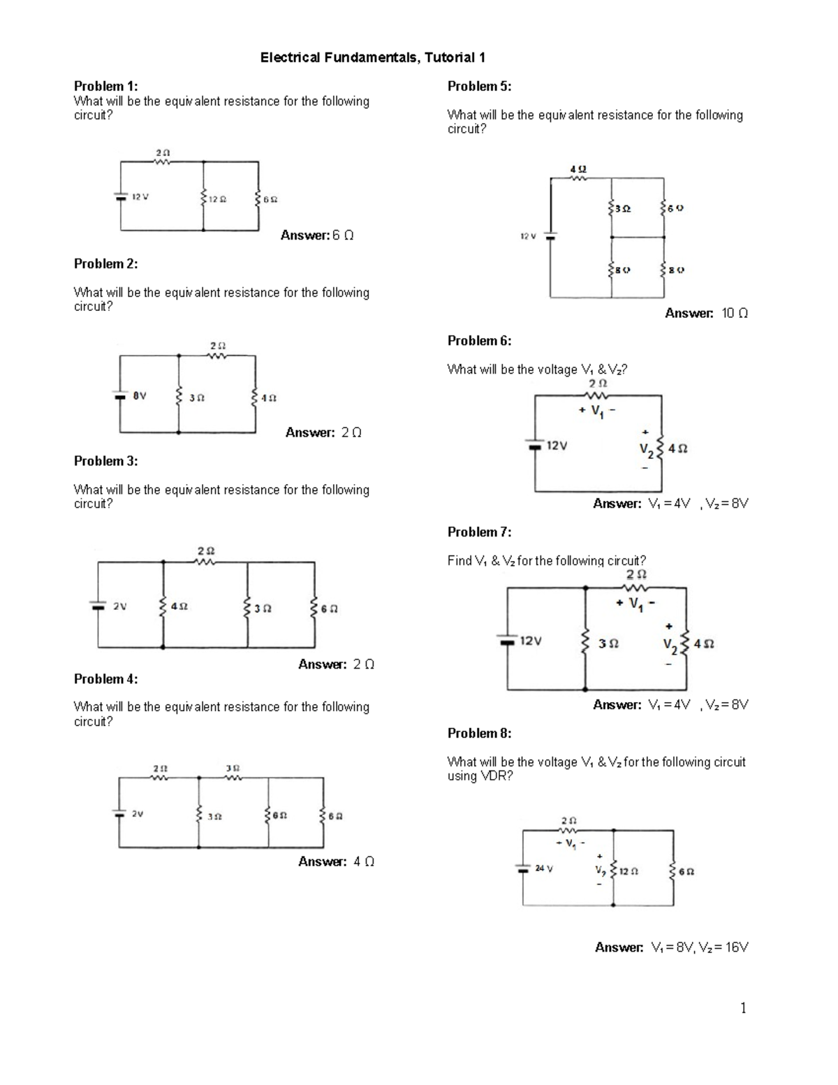 Tutorial 1 24 Ques - LEC notes - Electrical Fundamentals, Tutorial 1 ...