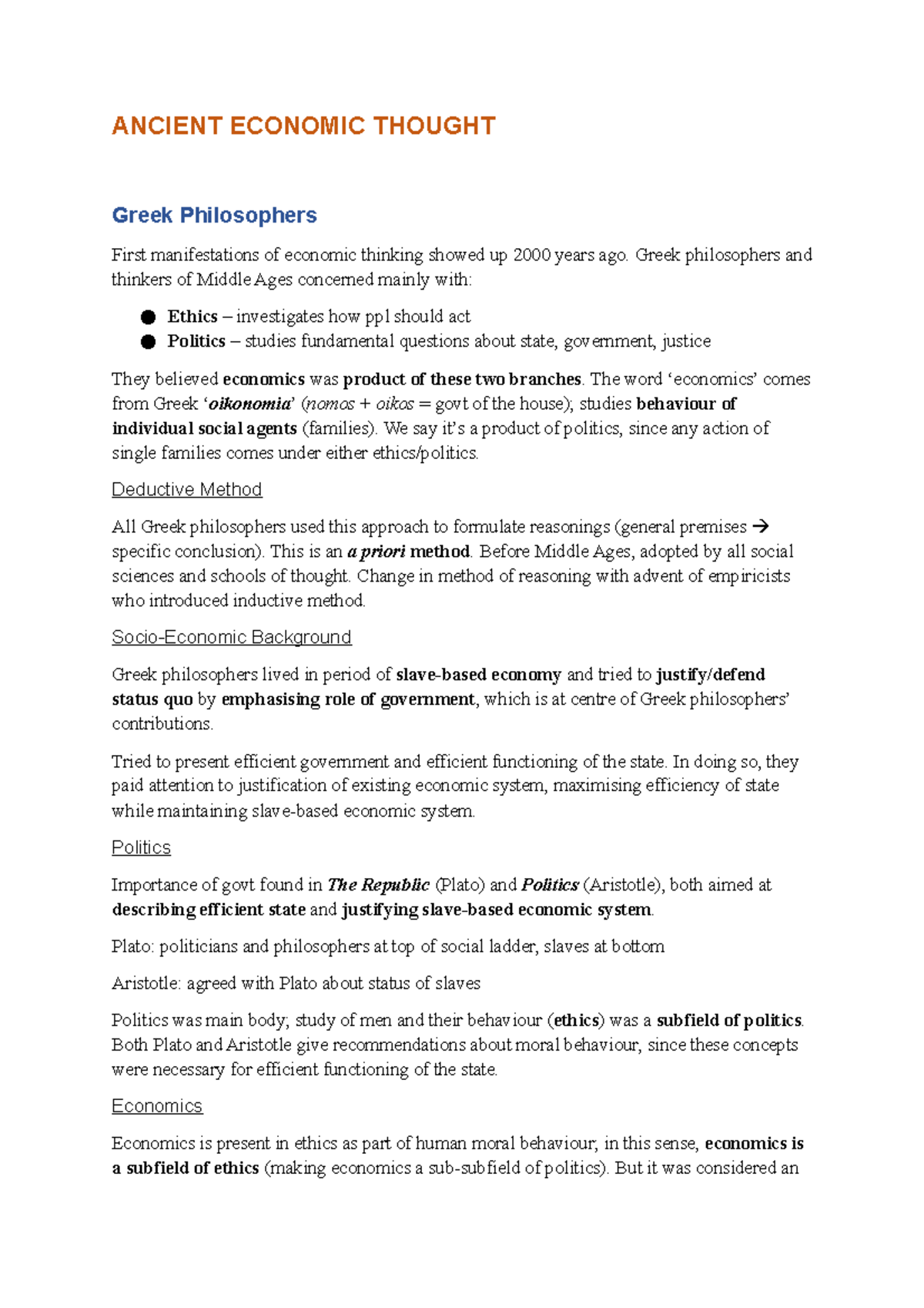 Topic 3 - Ancient Economic Thought - ANCIENT ECONOMIC THOUGHT Greek ...