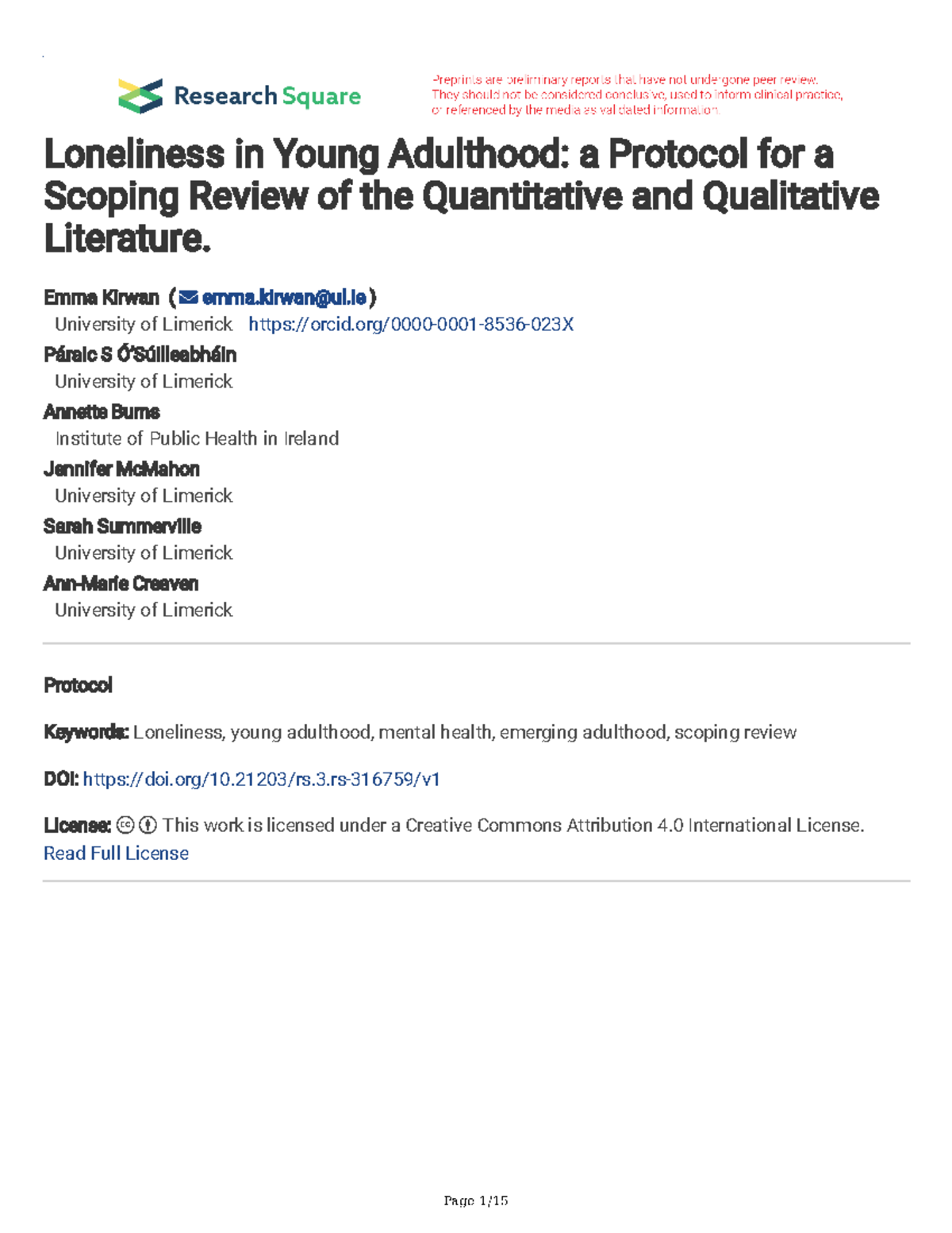 Loneliness in Young Adulthood a Protocol - Emma Kirwan ( emma@ul ...