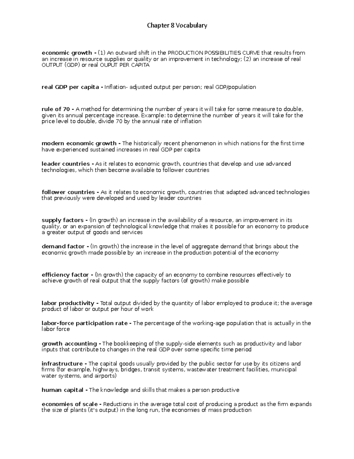 Chapter 8 Vocabulary - Chapter 8 Vocabulary economic growth - (1) An ...