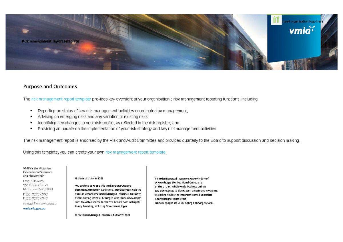 Risk Management Report Template N/A - Purpose and Outcomes The risk ...