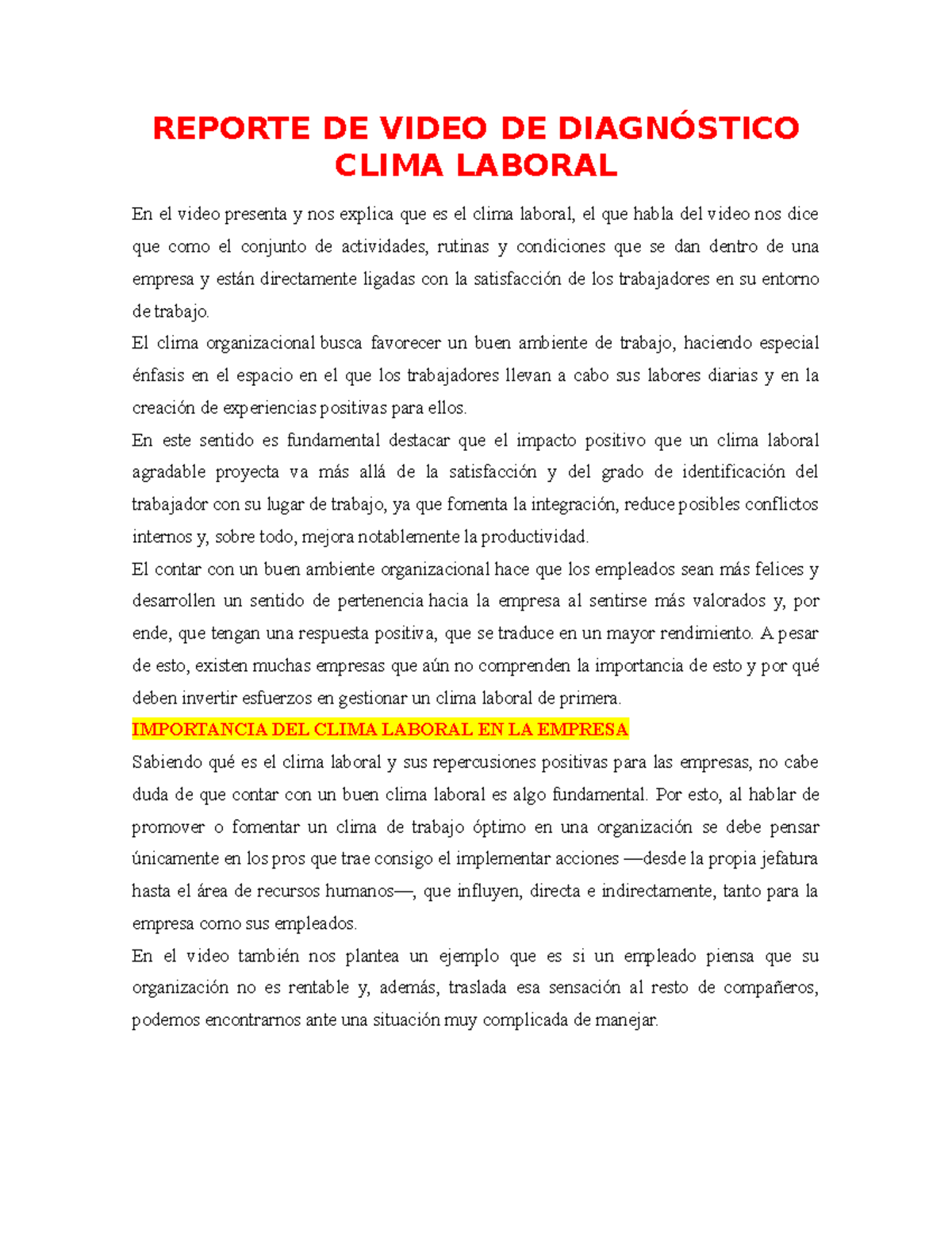 T6 16 Relaciones Laborales - REPORTE DE VIDEO DE DIAGNÓSTICO CLIMA ...
