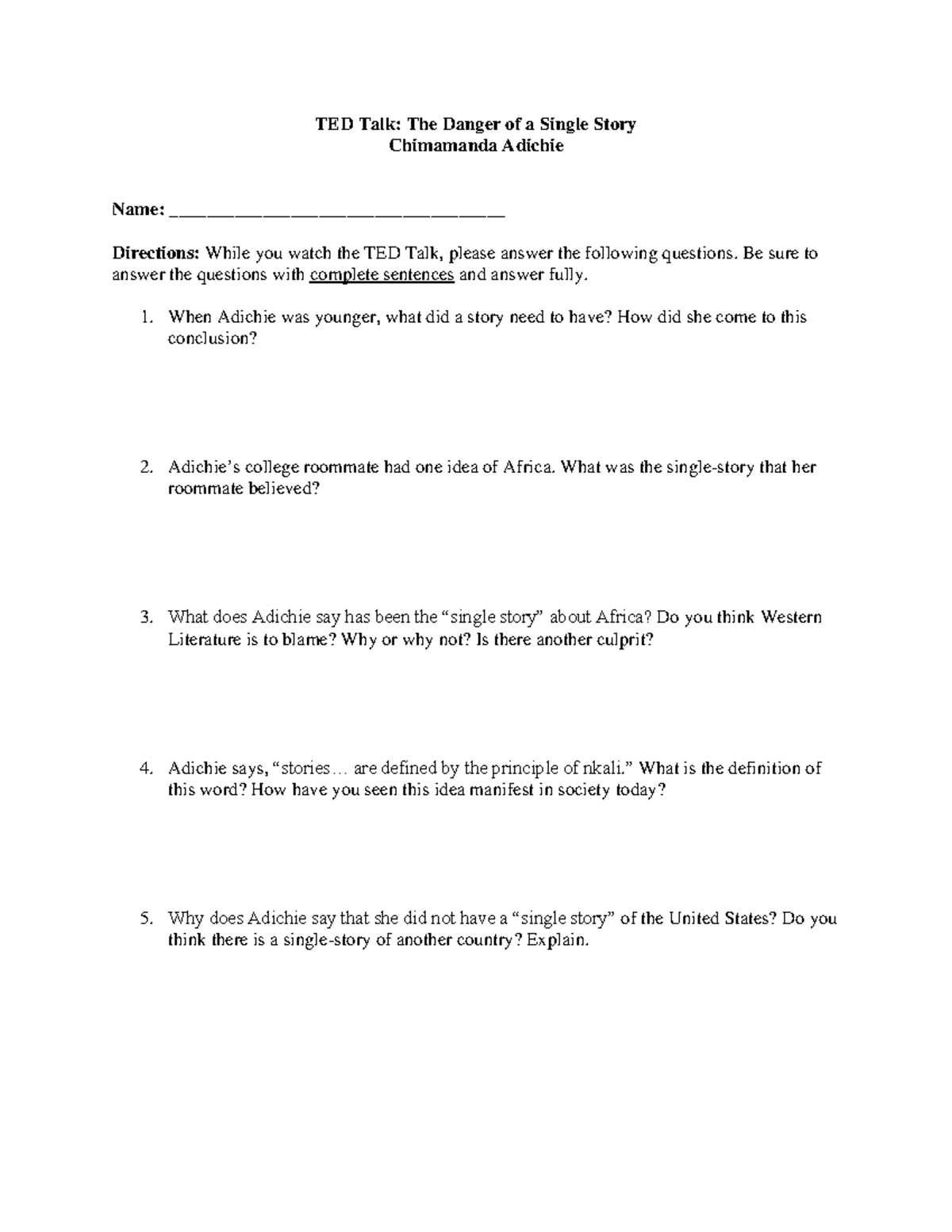 TEDTalk The Dangerofa Single Story Worksheet-1 - TED Talk: The Danger ...