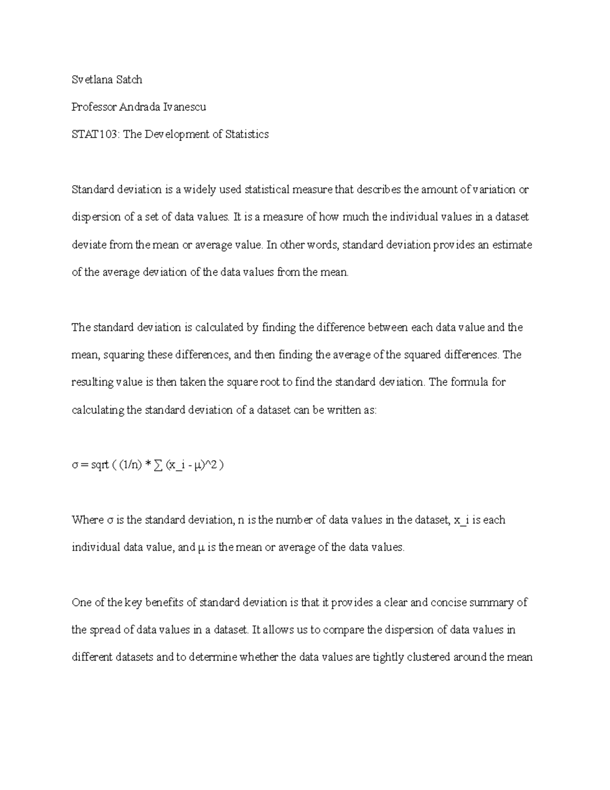 Standard Deviation - Professor Andrada Ivanescu - Svetlana Satch ...