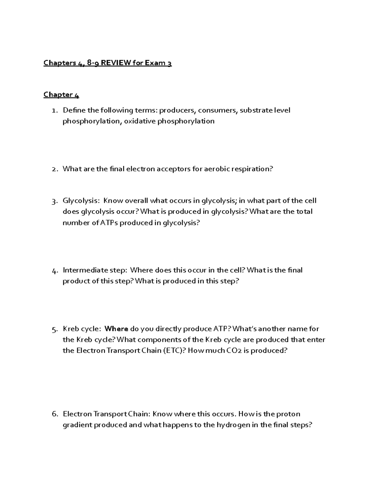 HFC BIO 131 - Chapters 4, 8-9 Review for EXAM 3 - Chapters 4, 8-9 ...
