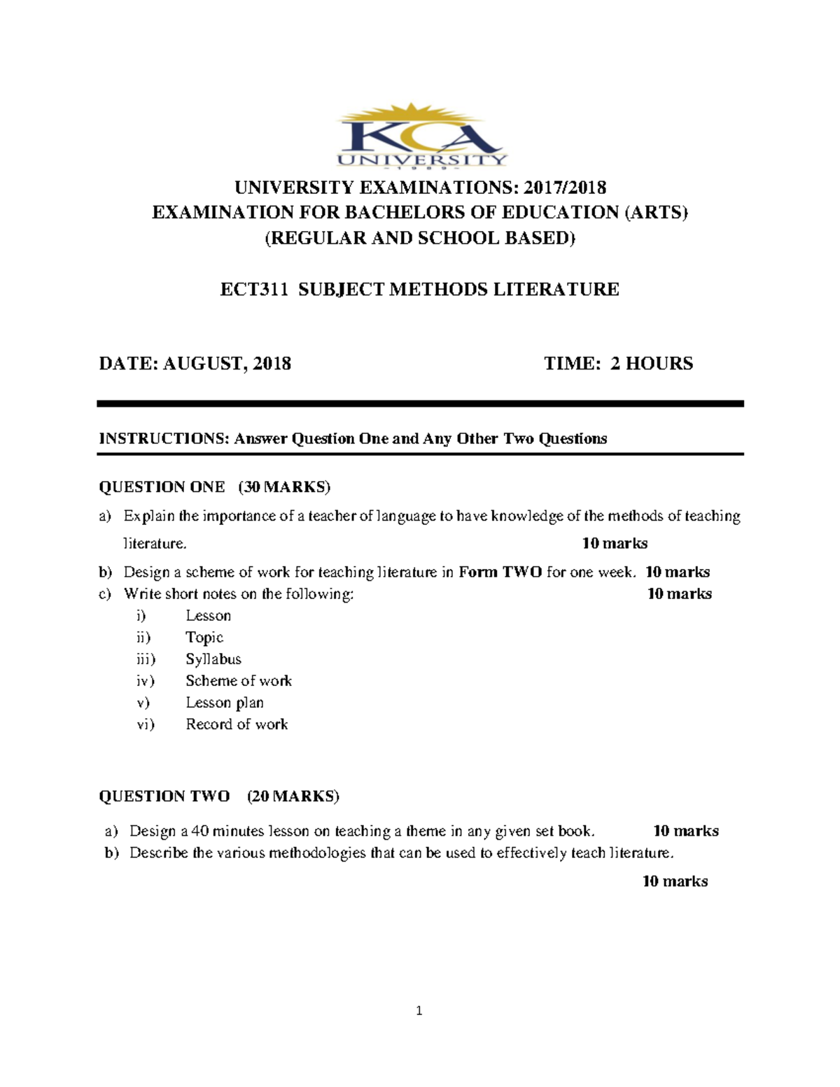 Ect311 subject methods literature - 1 UNIVERSITY EXAMINATIONS: 2017 ...