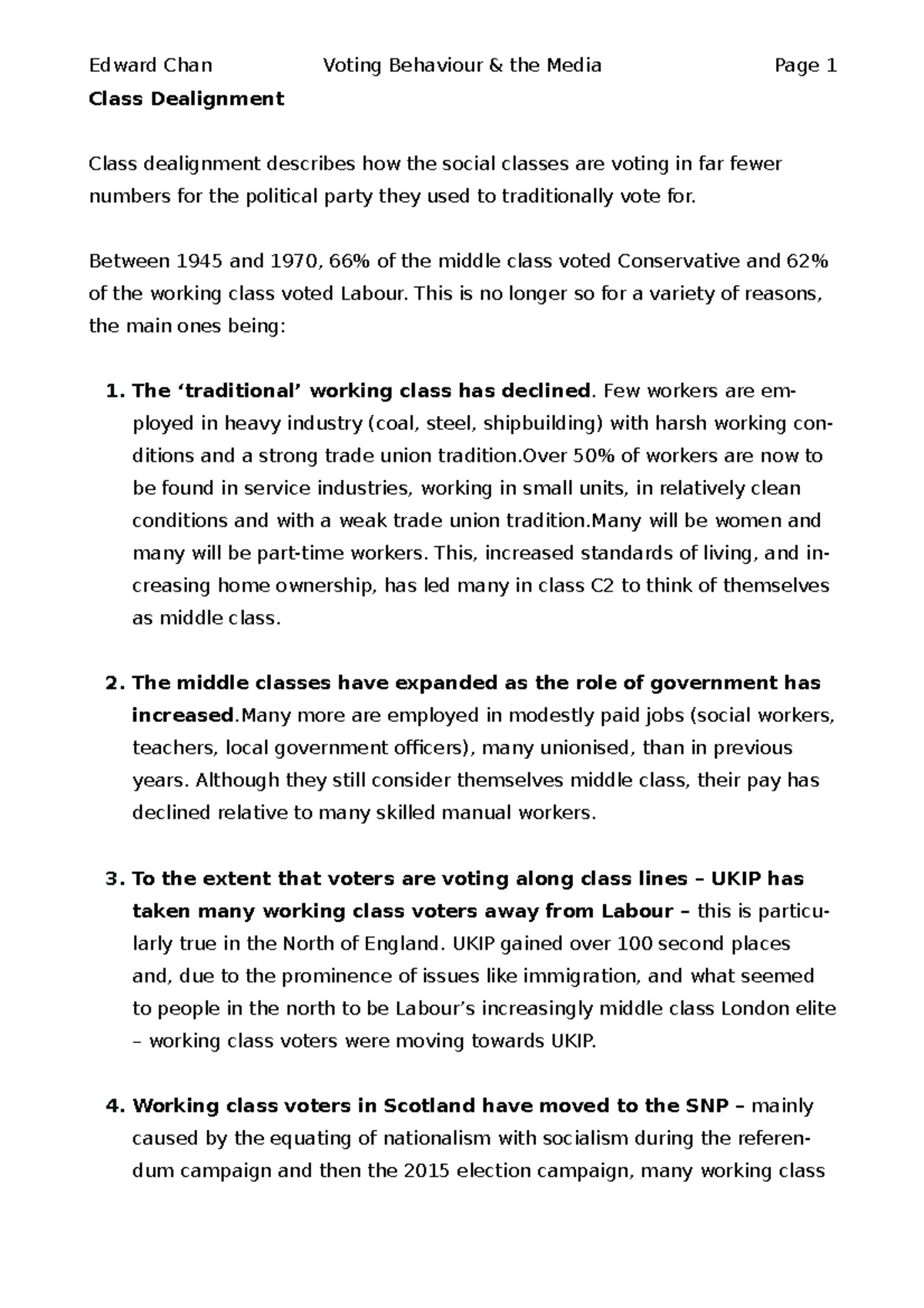 Voting Behaviour - Lecture notes 3 - Class Dealignment Class ...