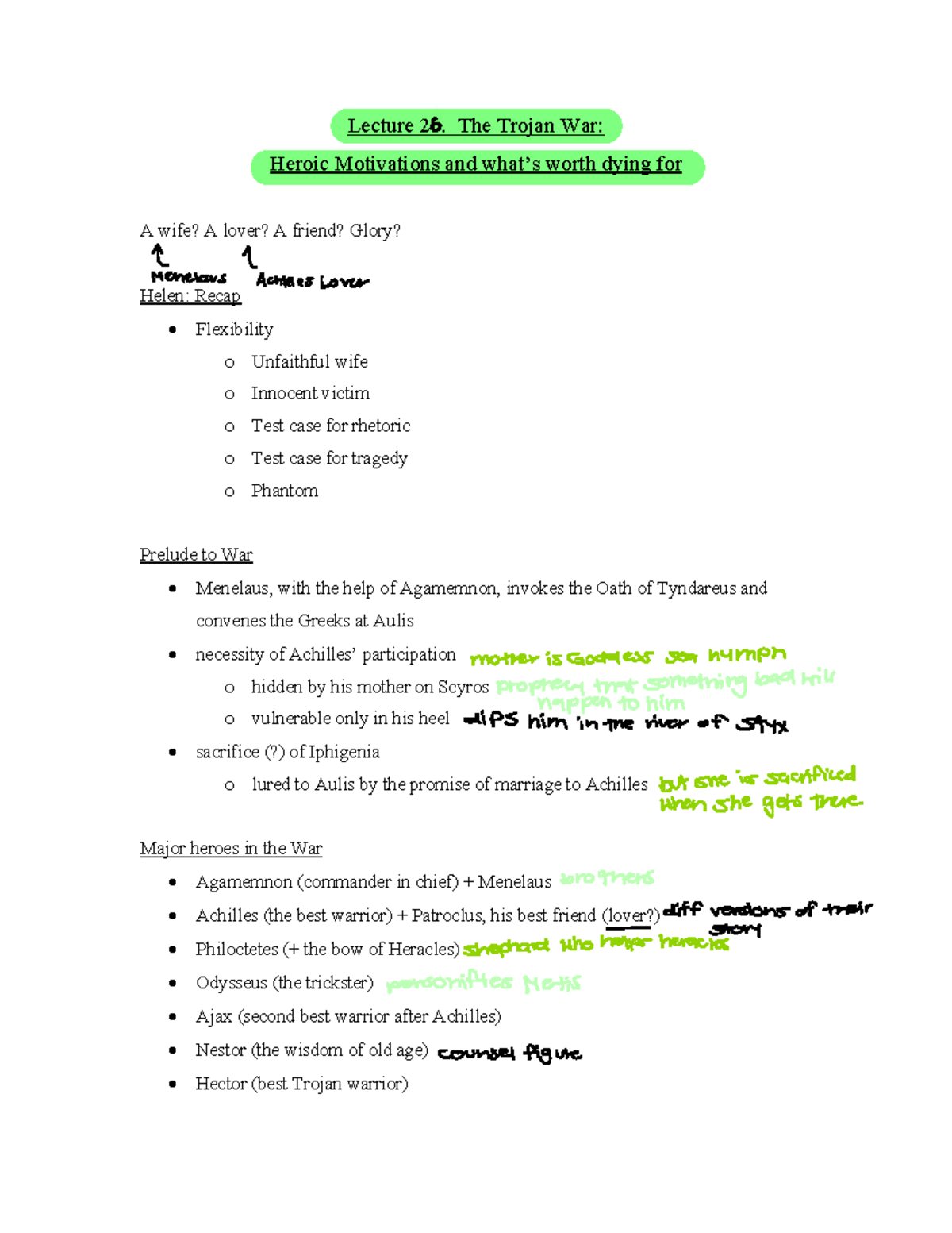 Greek Mythology Notes 26 - Lecture 27. The Trojan War: Heroic ...