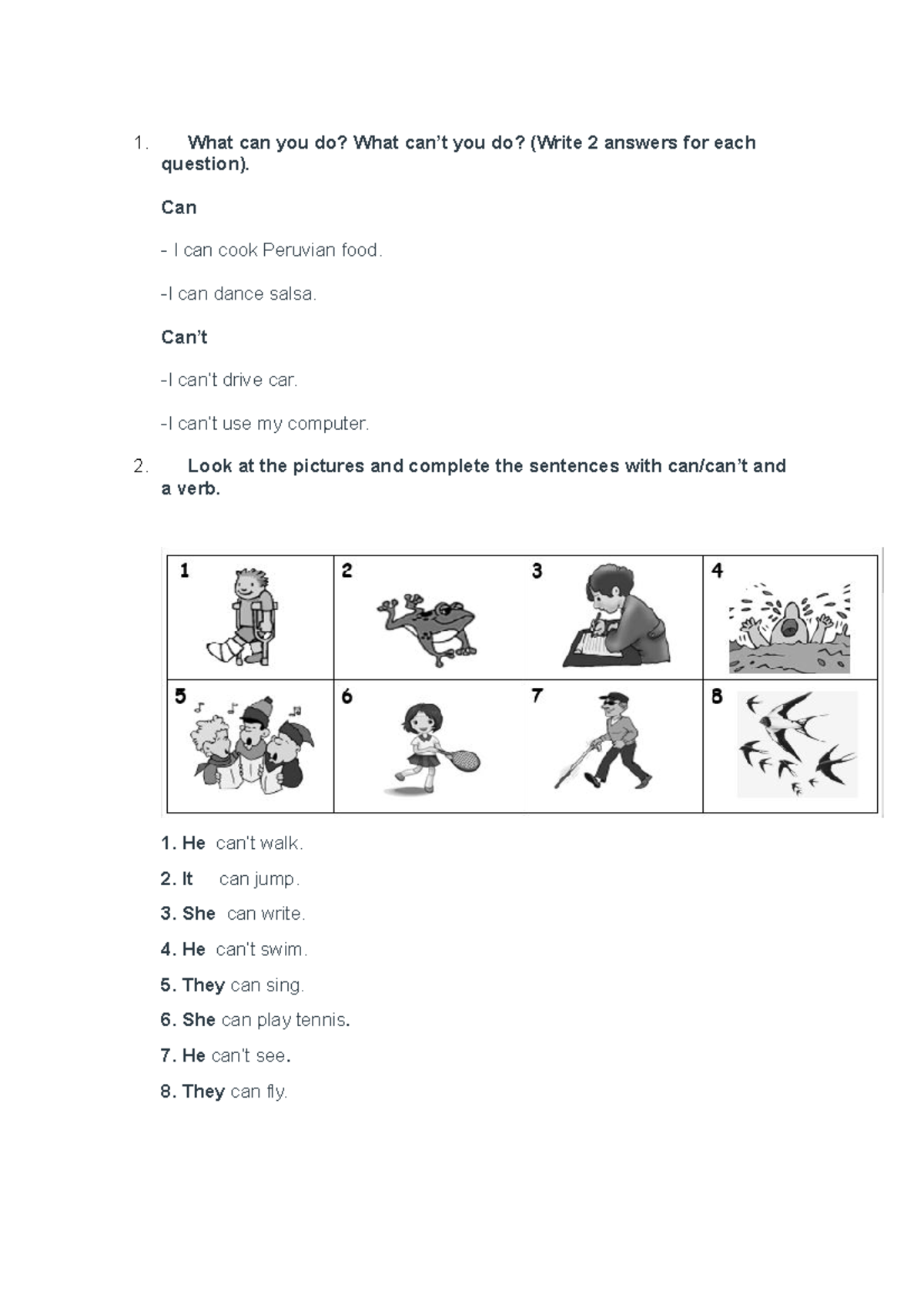 Tarea 1 - What can you do? What can’t you do? (Write 2 answers for each ...