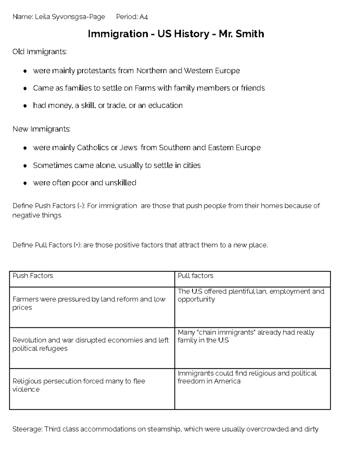Copy of Immigration Notes - Name: Leila Syvonsgsa-Page Period: A ...