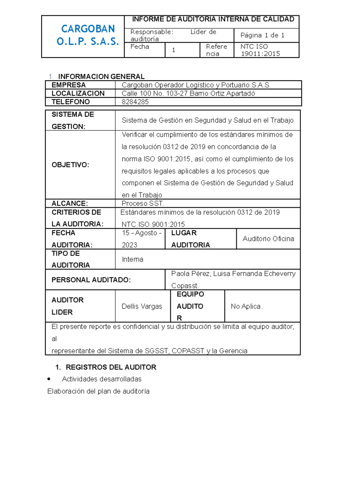 Taller Informe DE Auditoría 4 - Auditoria Interna de Calidad - Studocu