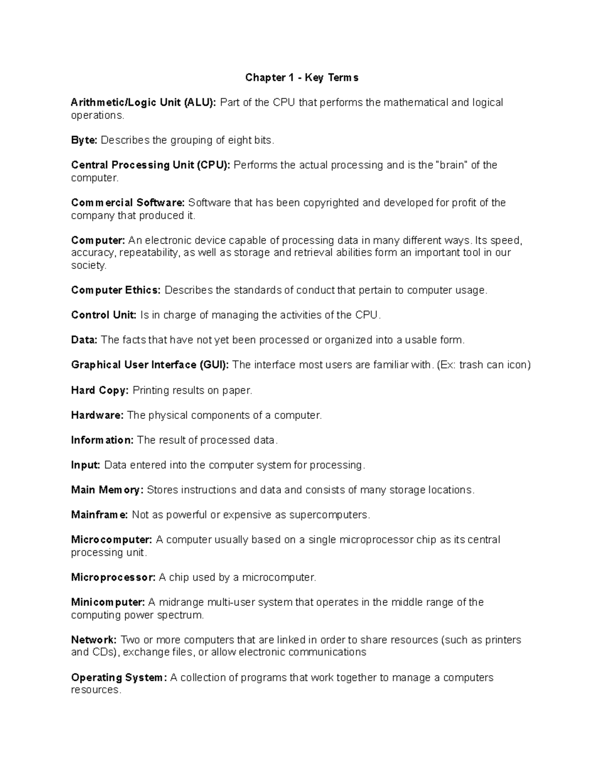 Comsc-6 Ch.1 Key Terms - Chapter 1 - Key Terms Arithmetic/Logic Unit (ALU): operations. Part of ...