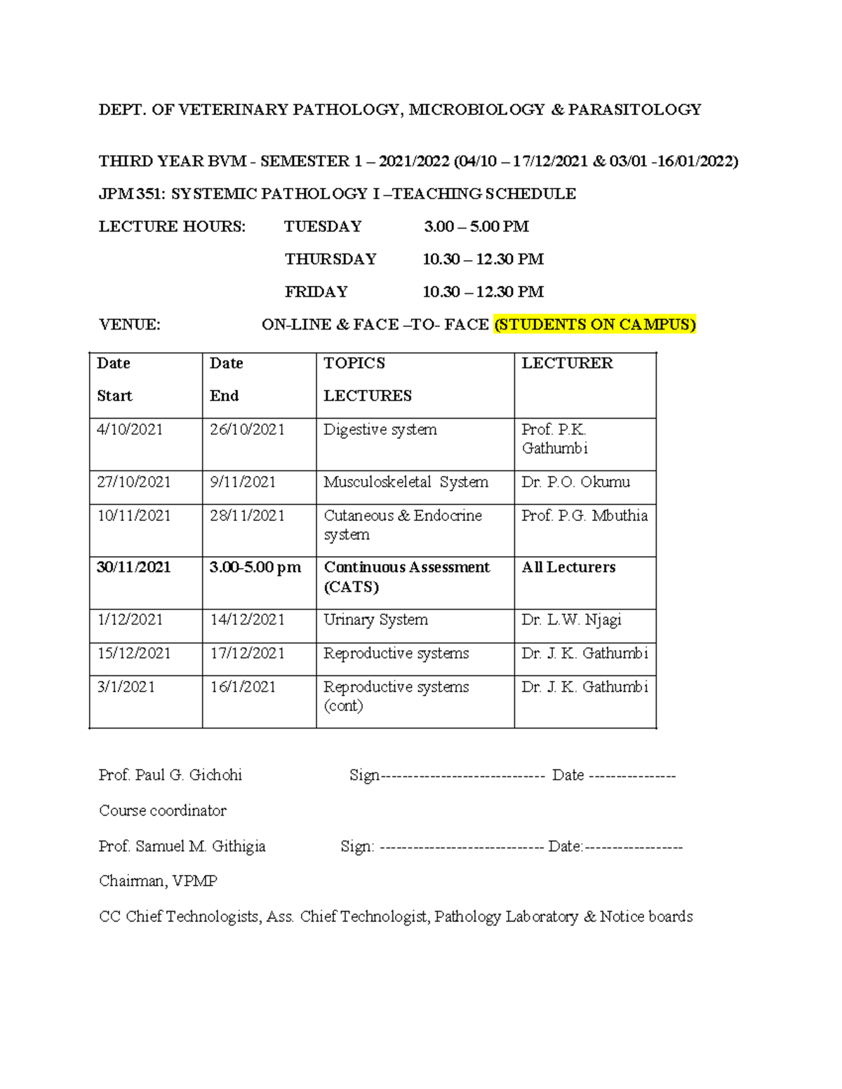 Final Teaching Schedle - Semester I for JPM 351, 2021-2022 - DEPT. OF ...