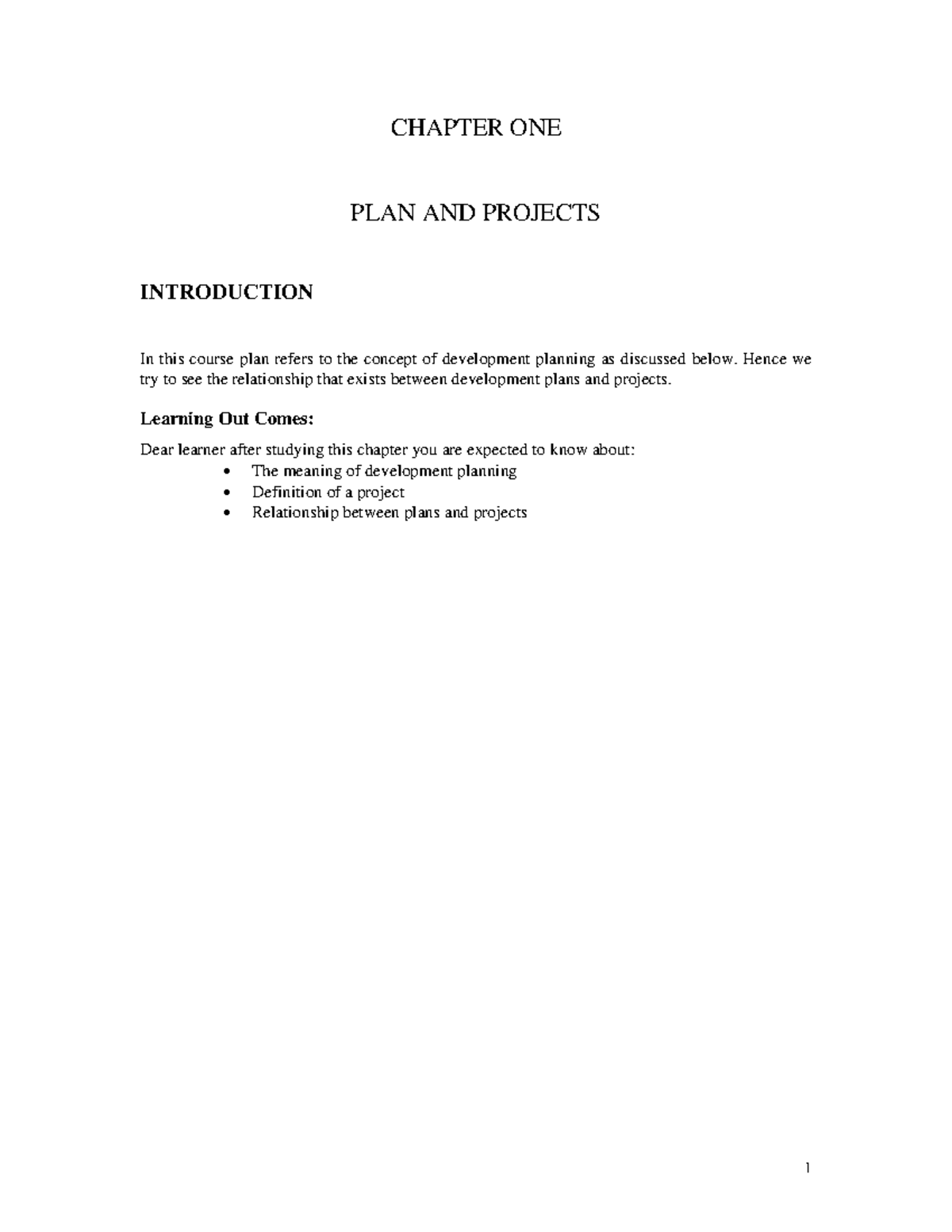 Final Proj II - Project Analysis and Management - CHAPTER ONE PLAN AND PROJECTS INTRODUCTION In ...