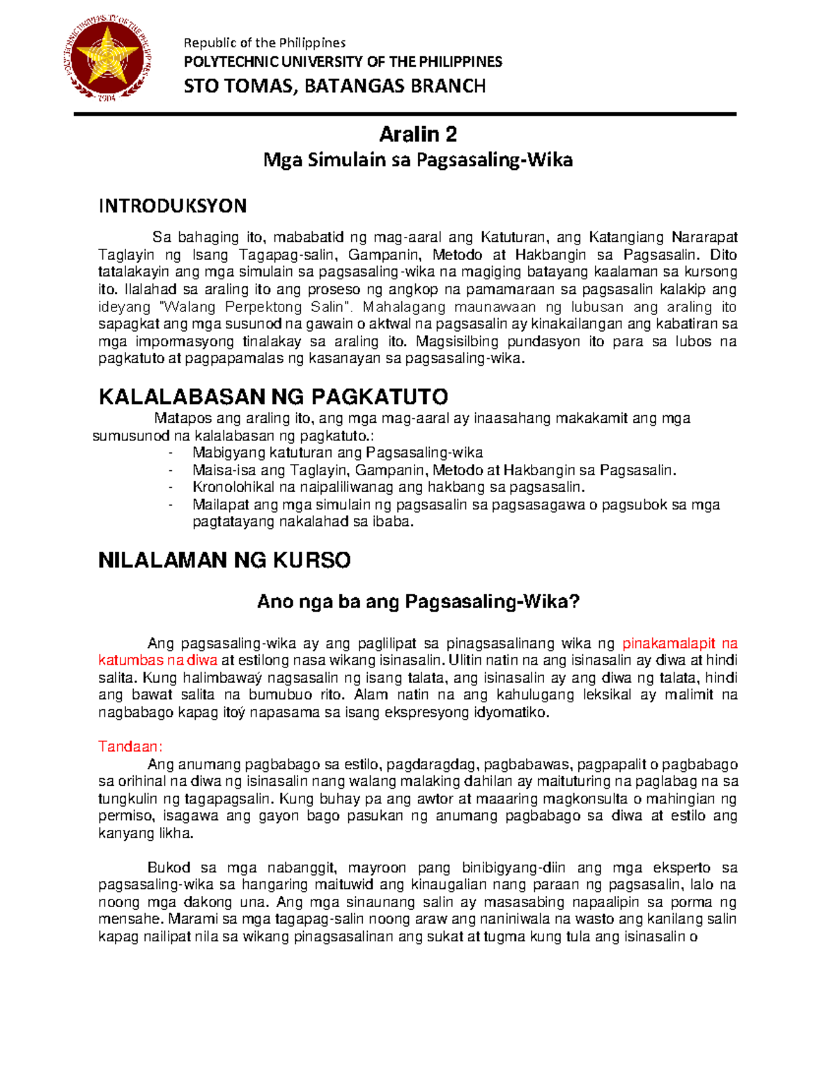 Aralin-2-Pagsasalin - instructional materials - POLYTECHNIC UNIVERSITY ...