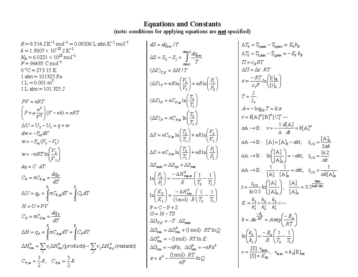 CHEM 205 Formula Sheet - Equations and Constants (note: conditions for ...