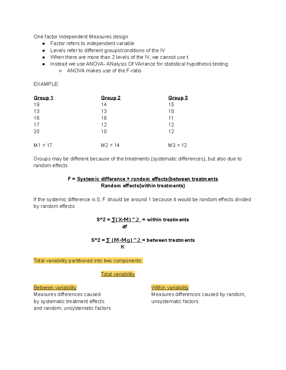 Stats 295 One factor Independent Measures design - One factor ...