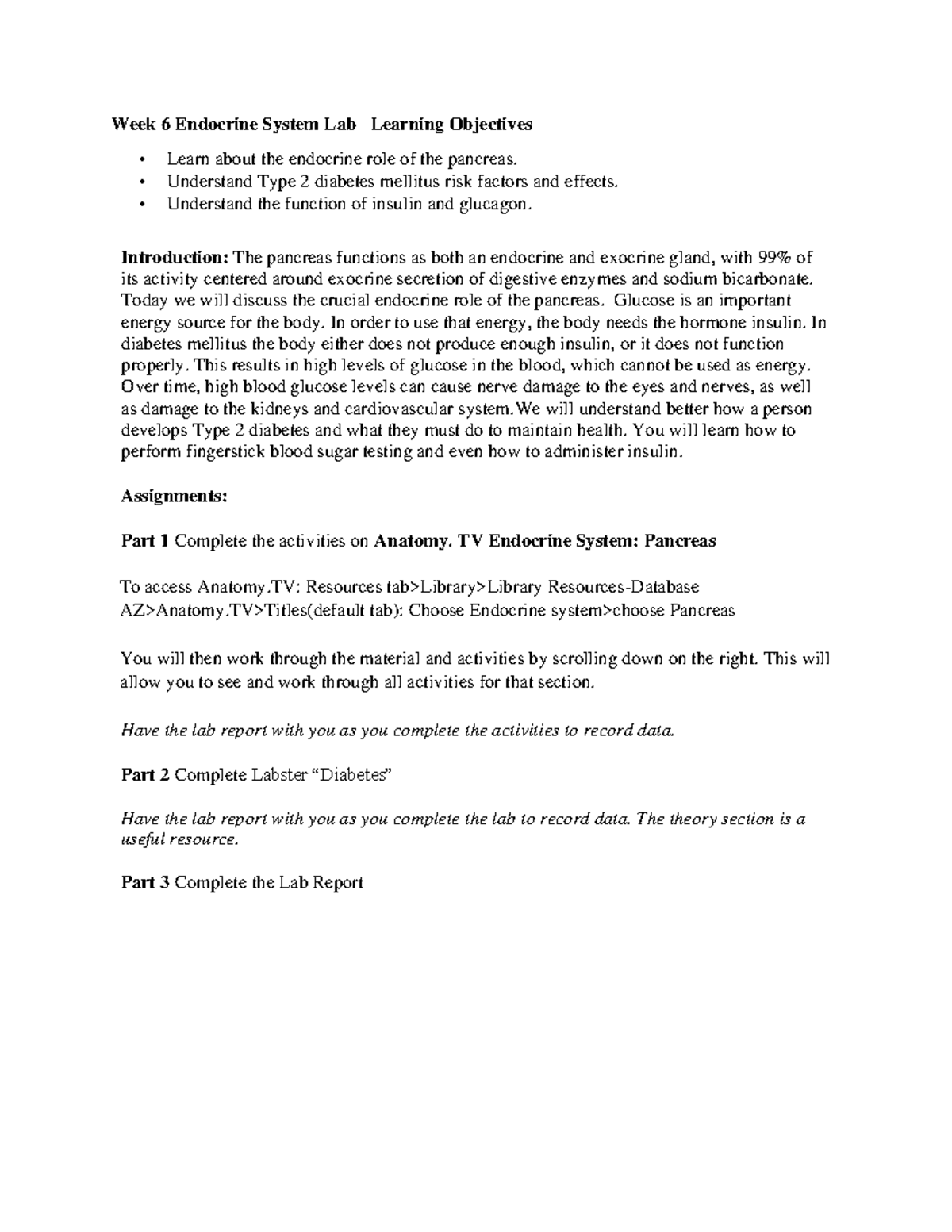 BIO252 W6 Lab Report Pancreas and Diabetes (1) - Week 6 Endocrine ...