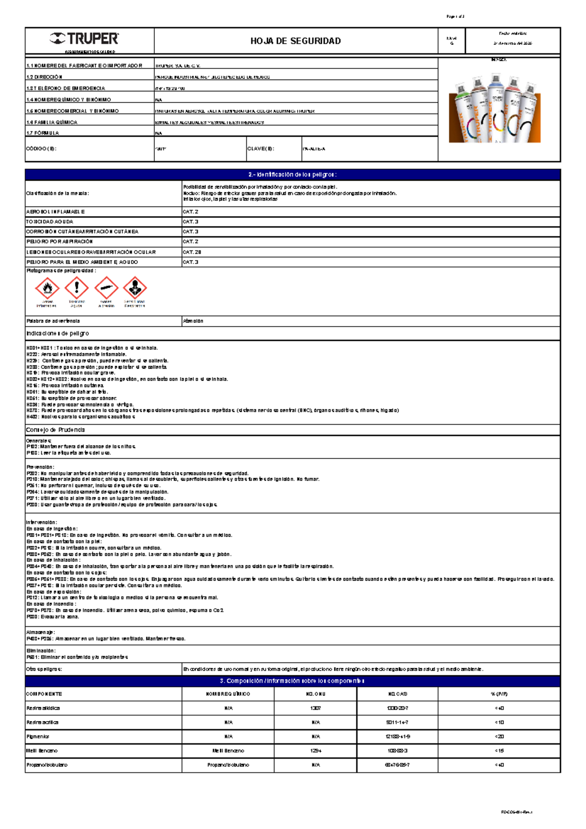 MSDS-05 - Pint - Page 1 of 3 1 FÓRMULA H301+H331 : Toxico en caso de ...