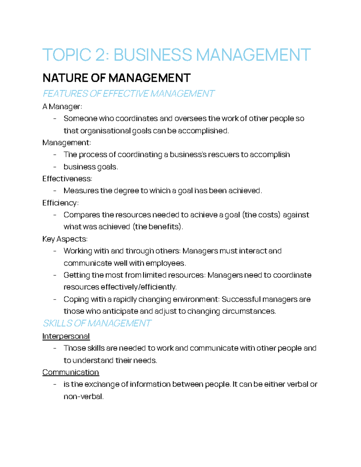 Topic 2 business management - TOPIC 2: BUSINESS MANAGEMENT NATURE OF ...