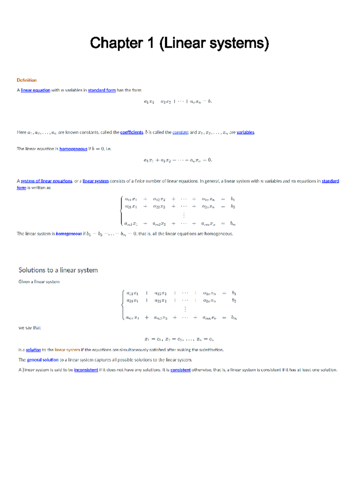MA1522 finals notes - Chapter 1 (Linear systems) Definition A linear ...