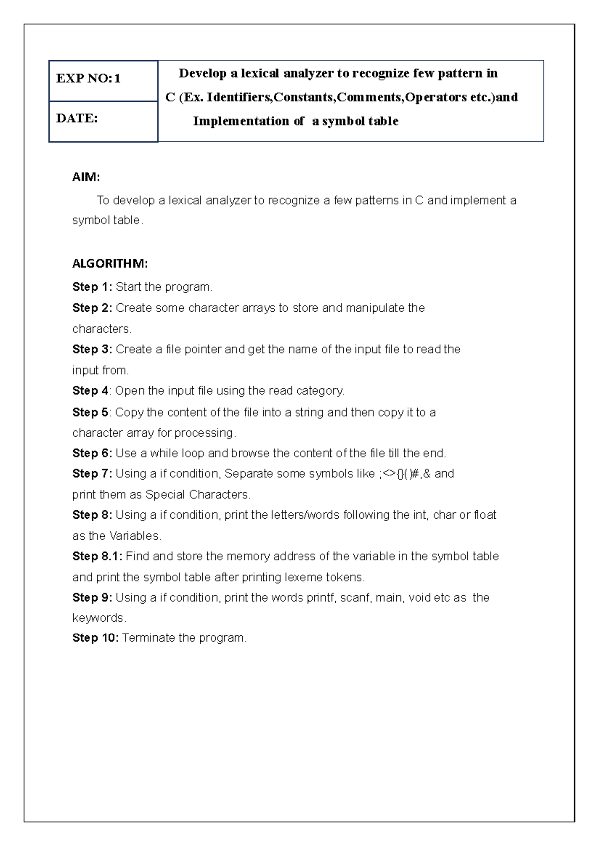 CD Record Manual 240911 141008 - AIM: To develop a lexical analyzer to ...