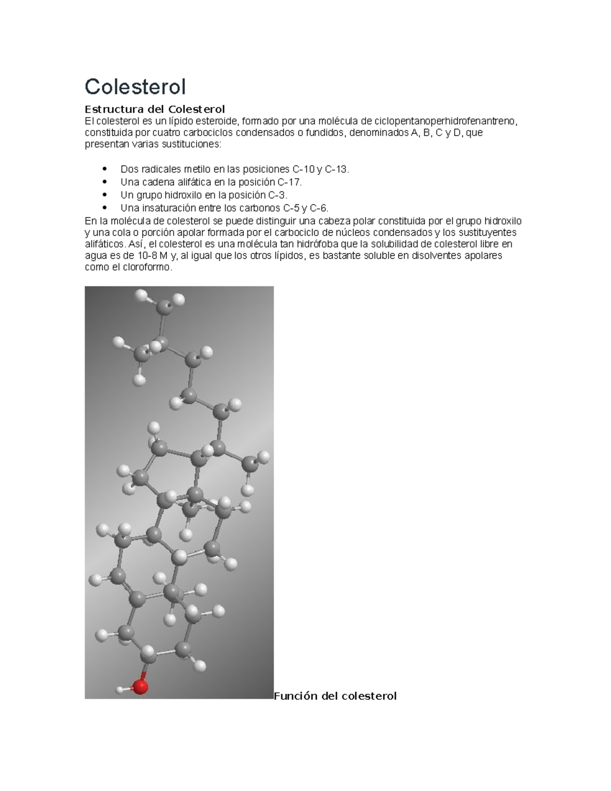 Colesterol - Tarea completa - Colesterol Estructura del Colesterol El ...