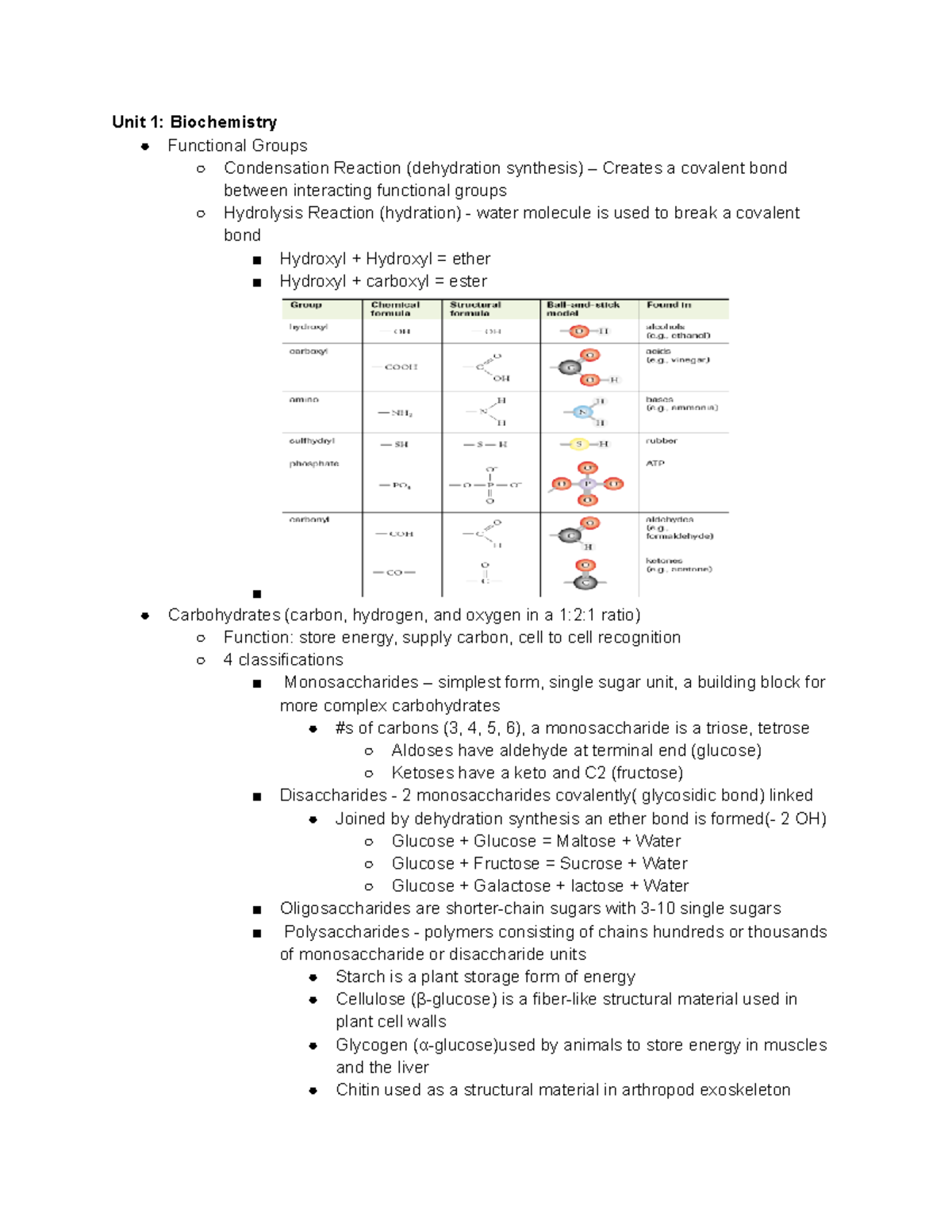 BIO Review - Unit 1: Biochemistry Functional Groups Condensation ...