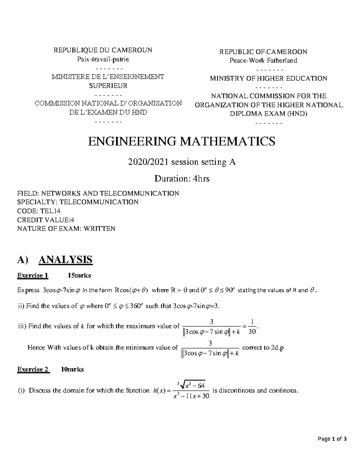 Mathematics TEL14 Setting A - Page 1 of 3 ENGINEERING MATHEMATICS 2020 ...