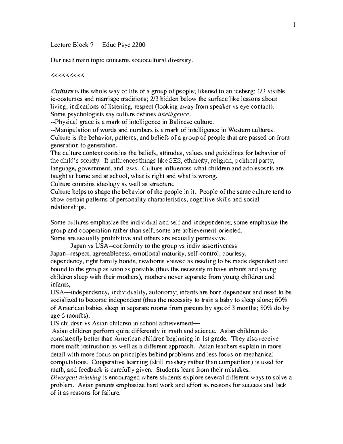 2200 7 Sociocultural Diversity - Lecture Block 7 Educ Psyc 2200 Our ...