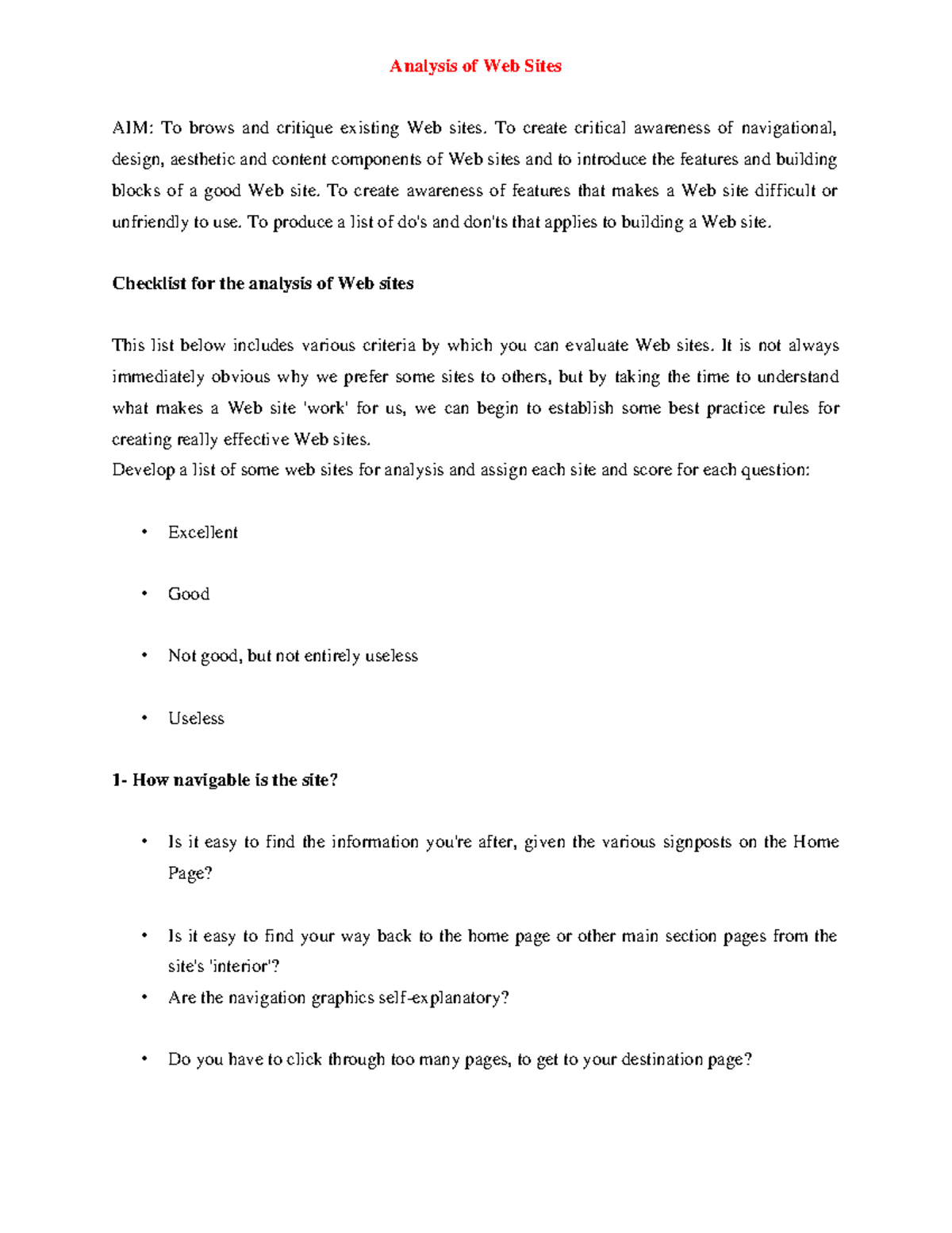 Ch06 Analysis of Web Sites - Analysis of Web Sites AIM: To brows and ...