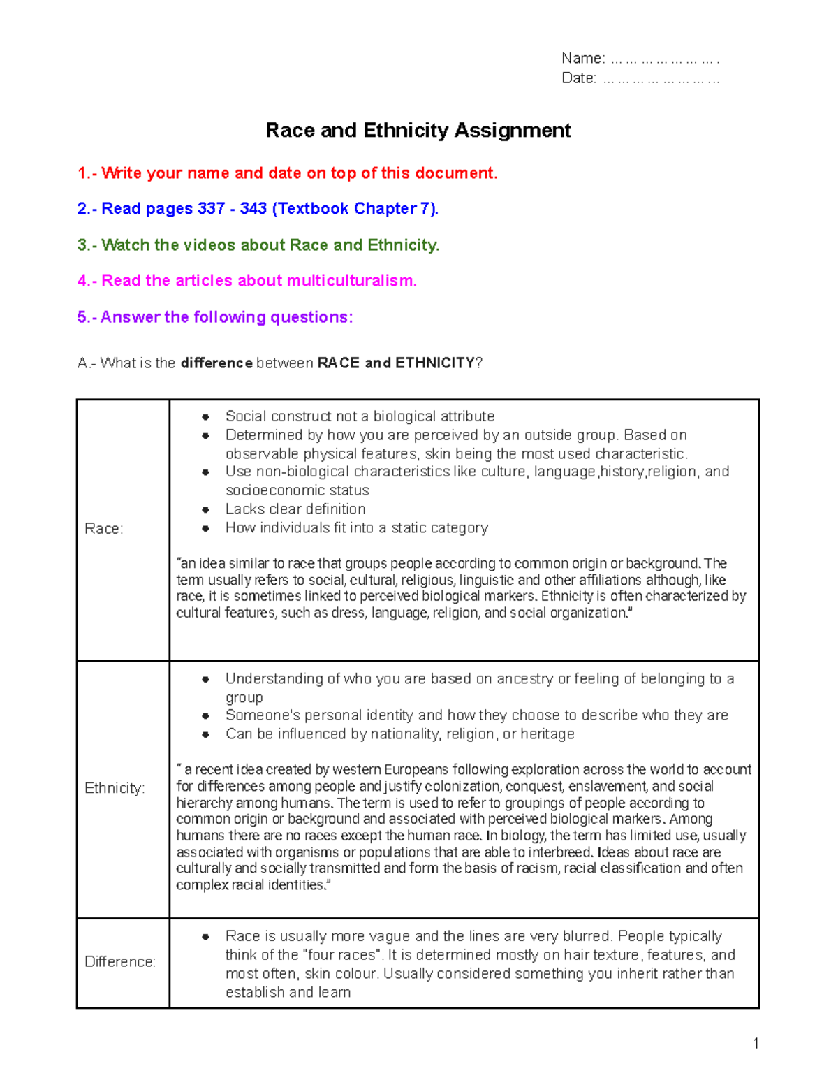Race and Ethnicity Worksheet - Date: ........................ Race and ...