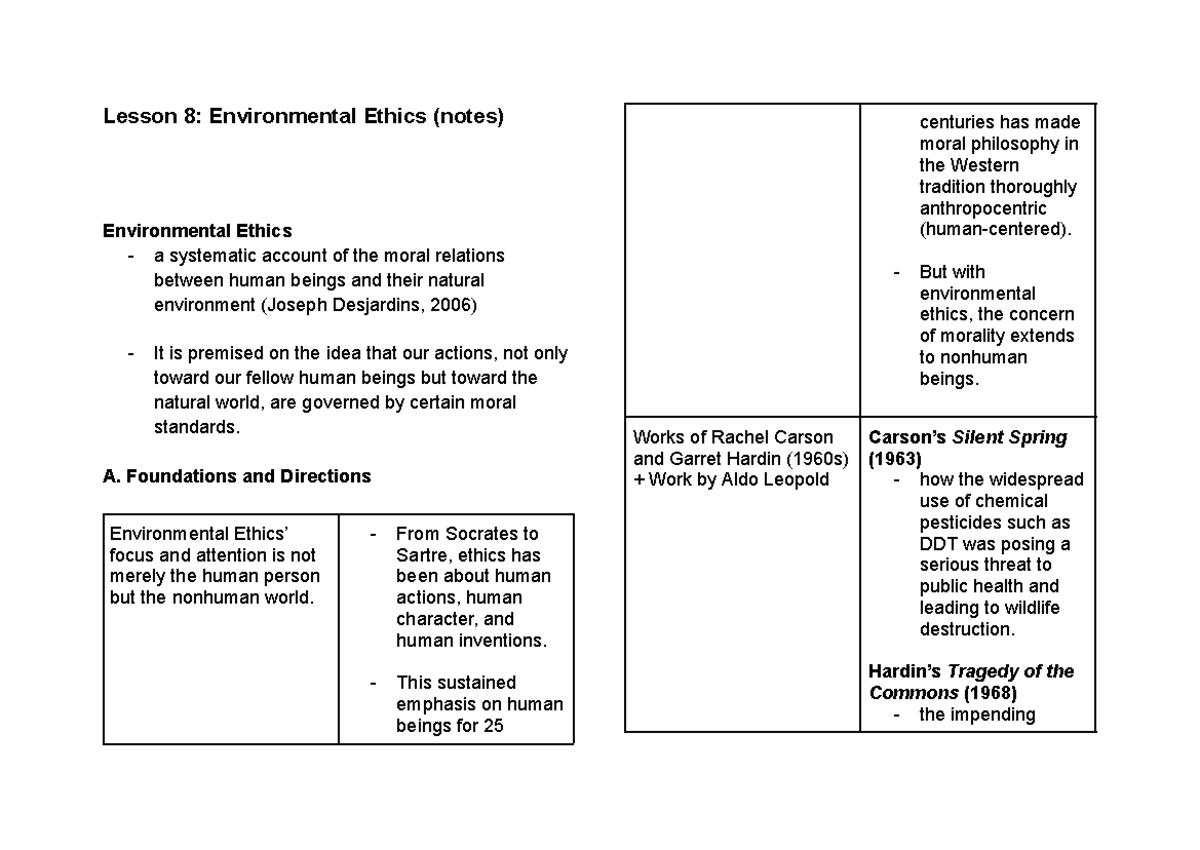 Lesson 8 notes - Lesson 8: Environmental Ethics (notes) Environmental ...