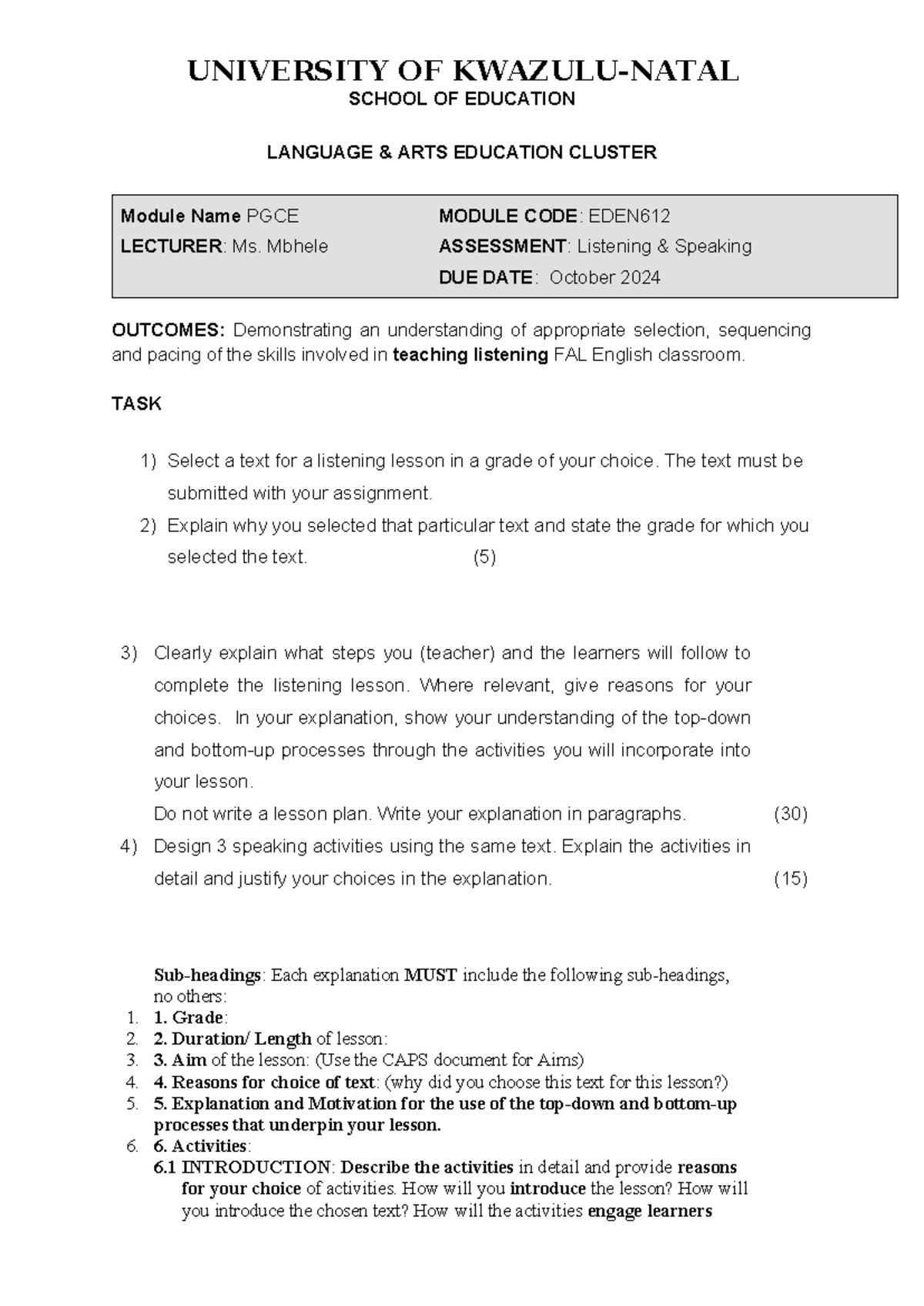 Assignment PGCE assessment 1 semester 2 FAL - UNIVERSITY OF KWAZULU ...