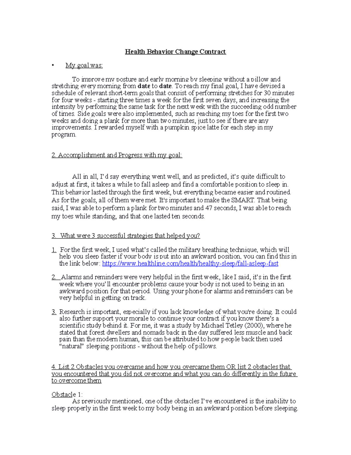 HLT 100 Week 4 Behavior Change Contract- Final Report - Health Behavior ...
