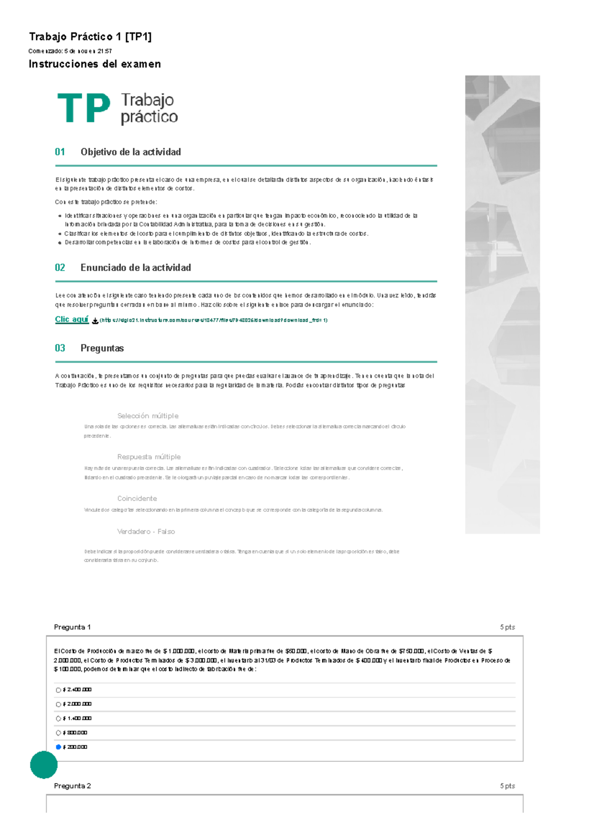 TP1 80% Contabilidad de costos - Trabajo Práctico 1 [TP1] Comenzado: 5 de nov en 21 ...