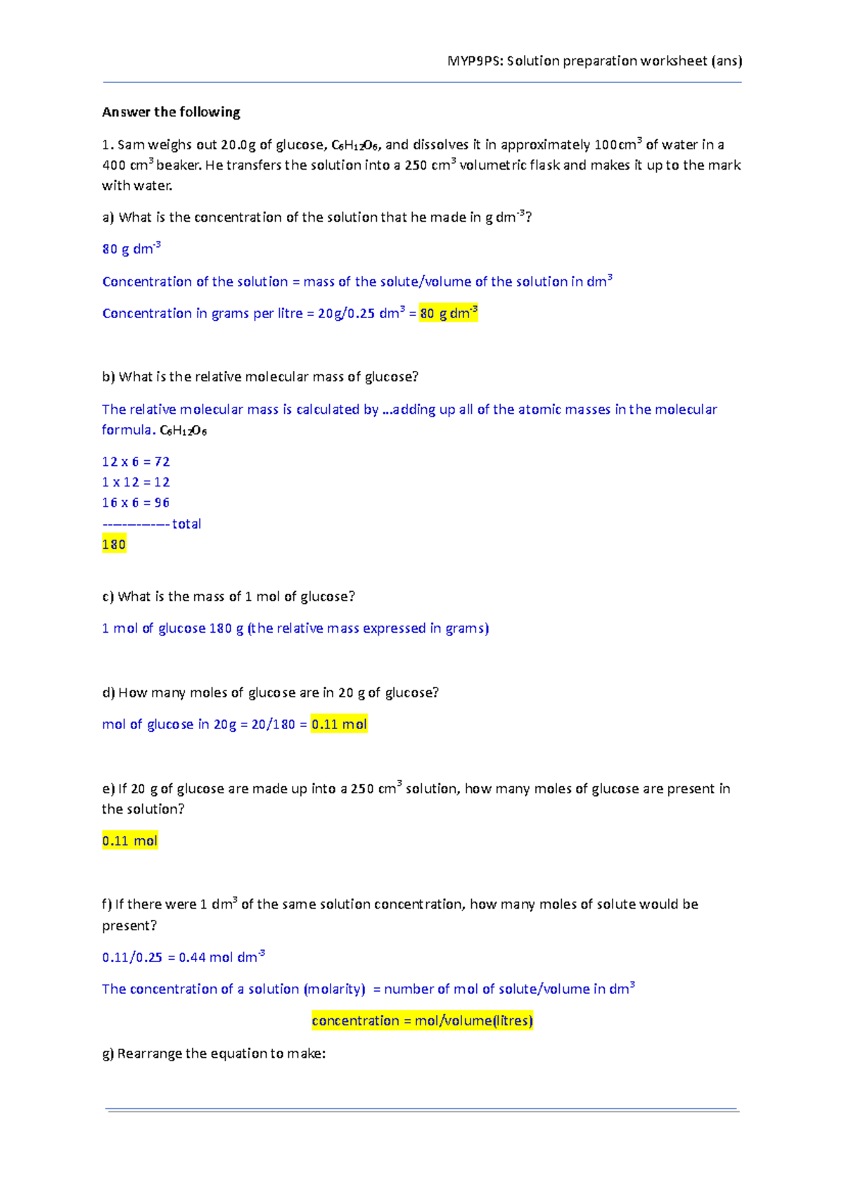 Worksheet - solutions preparation - MYP9PS: Solution preparation ...