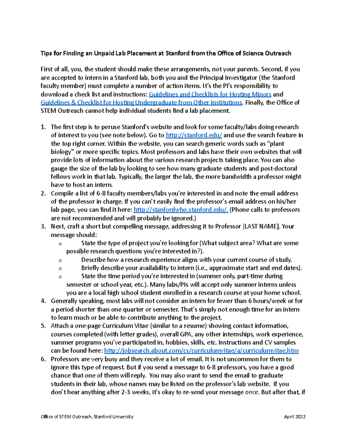 April 2022 Tips for Finding an Unpaid Lab Placement at Stanford from ...