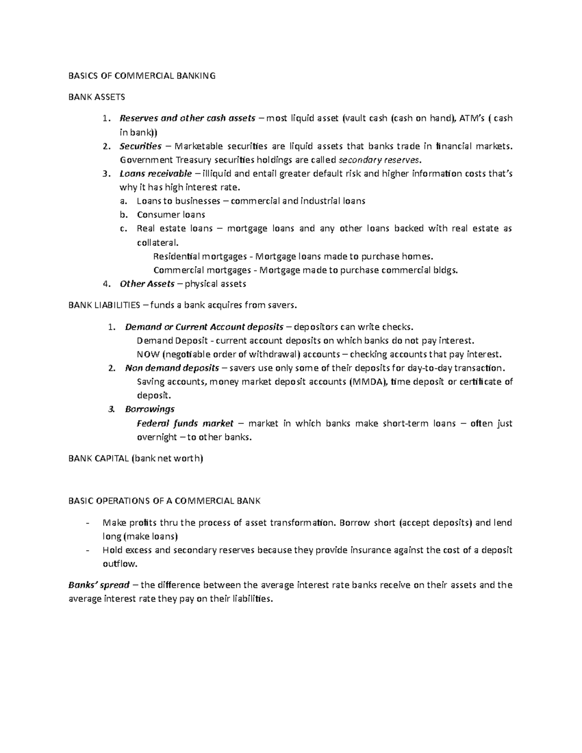 Basics of commercial banking - BASICS OF COMMERCIAL BANKING BANK ASSETS ...