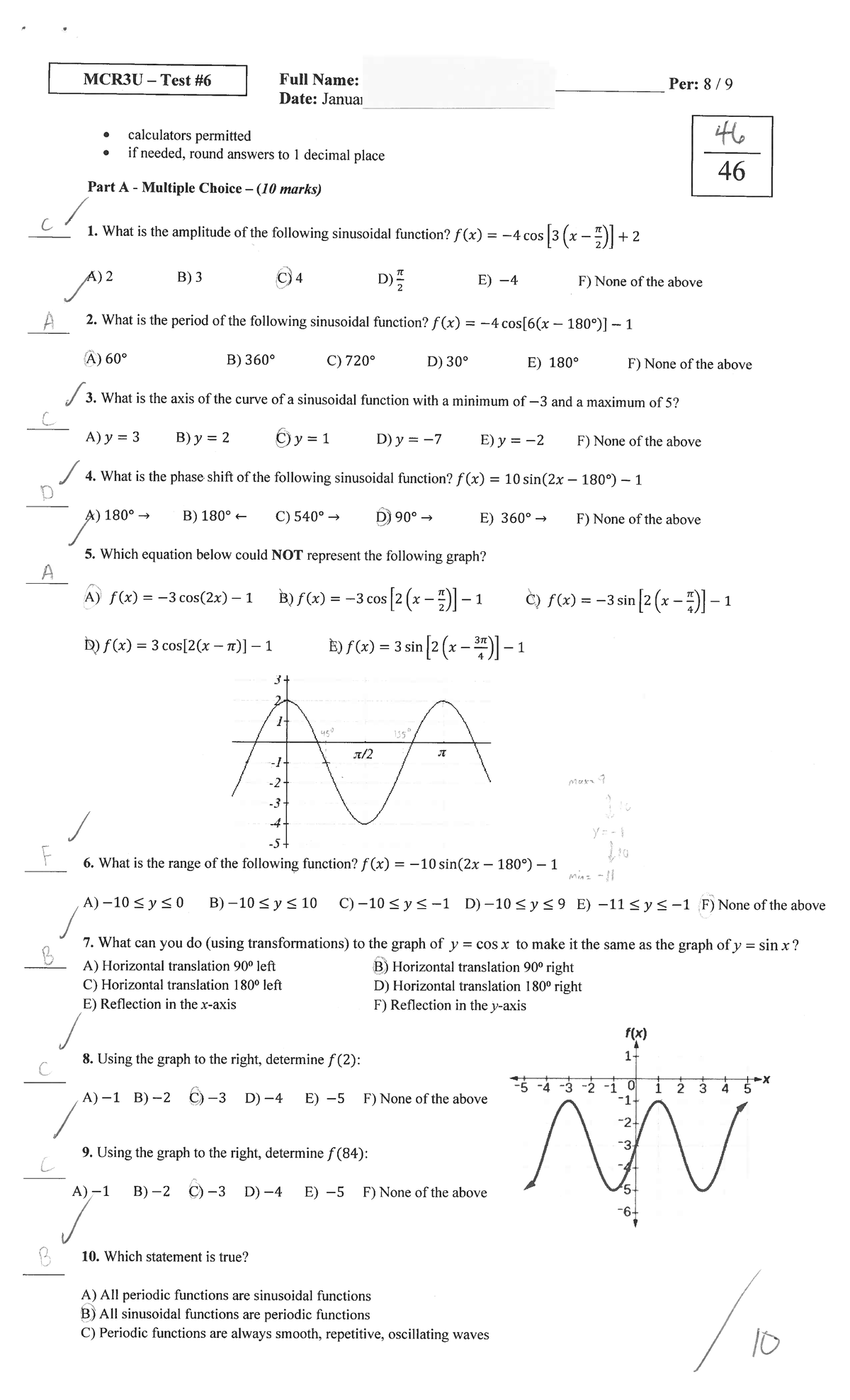 Solutions Sinusoidal Test MCR3U - Studocu