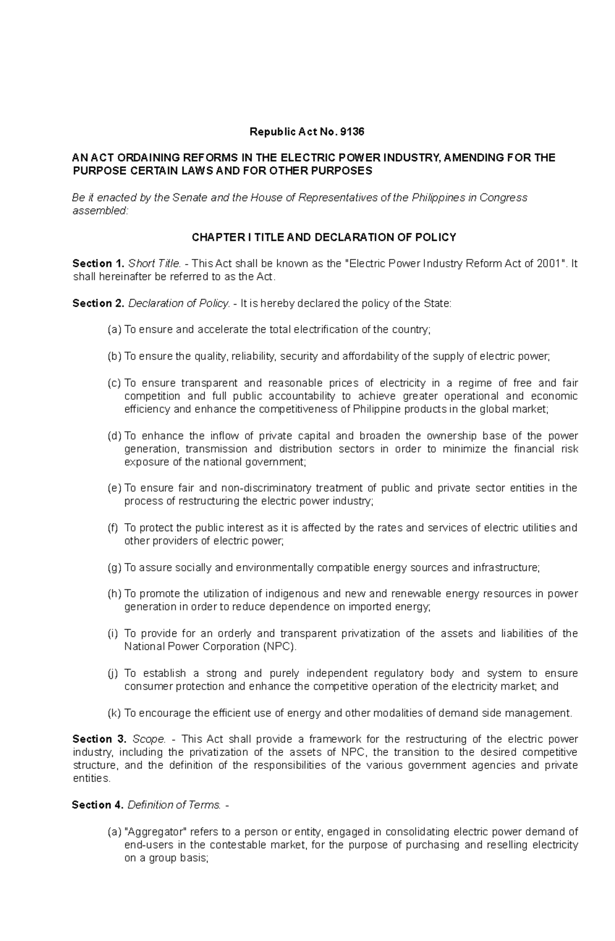 Republic Act No. 9136 - Republic Act No. 9136 AN ACT ORDAINING REFORMS ...