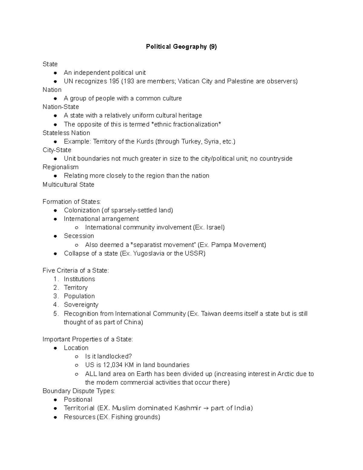 Geog 280 Final - Study Guide. - Political Geography (9) State An ...