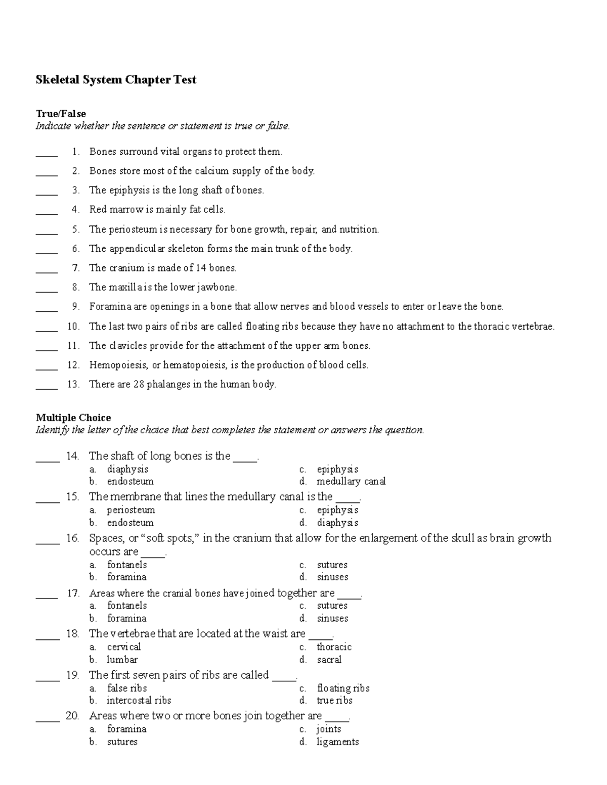 Skeletal System Chapter Test Practice - Studocu