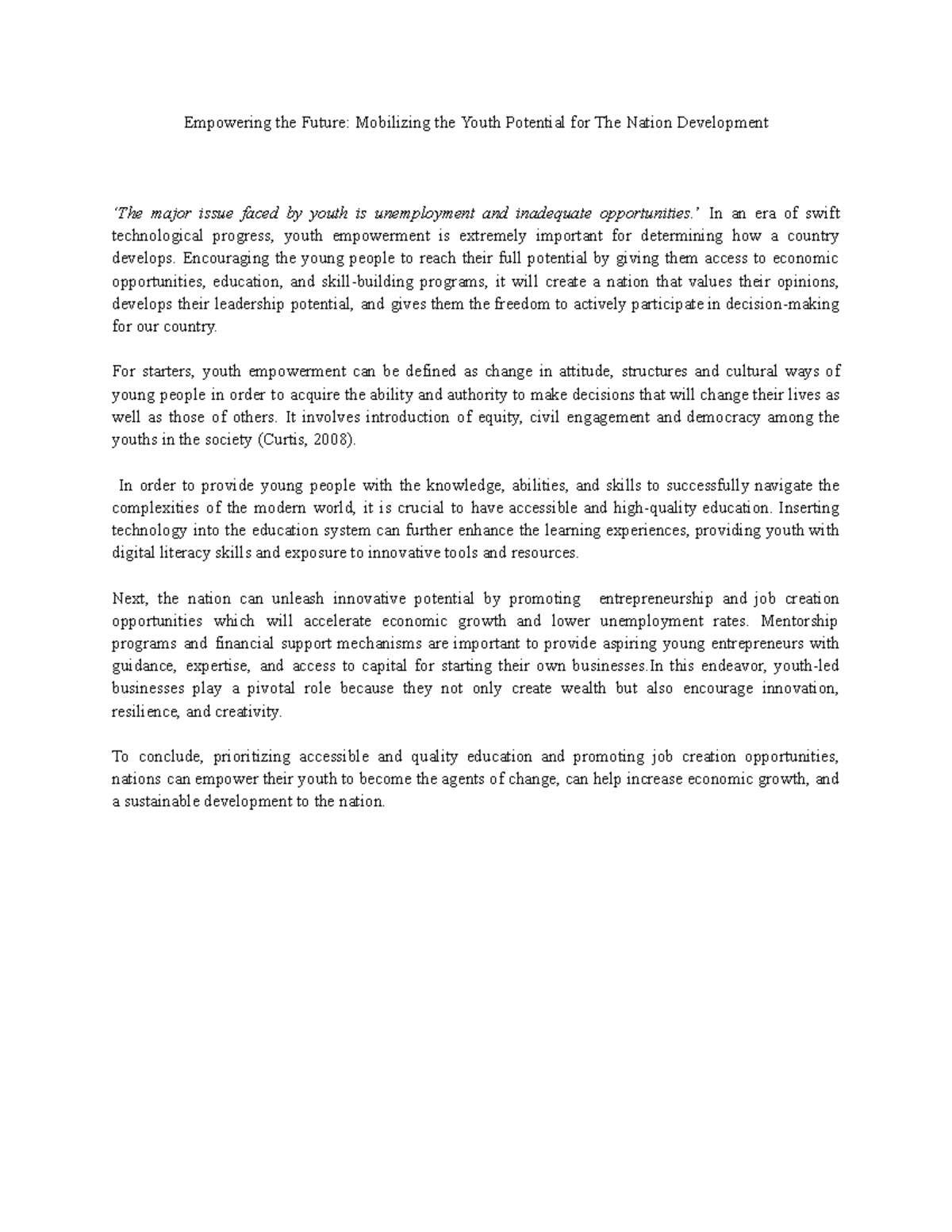 Exchange essay - Empowering the Future: Mobilizing the Youth Potential ...