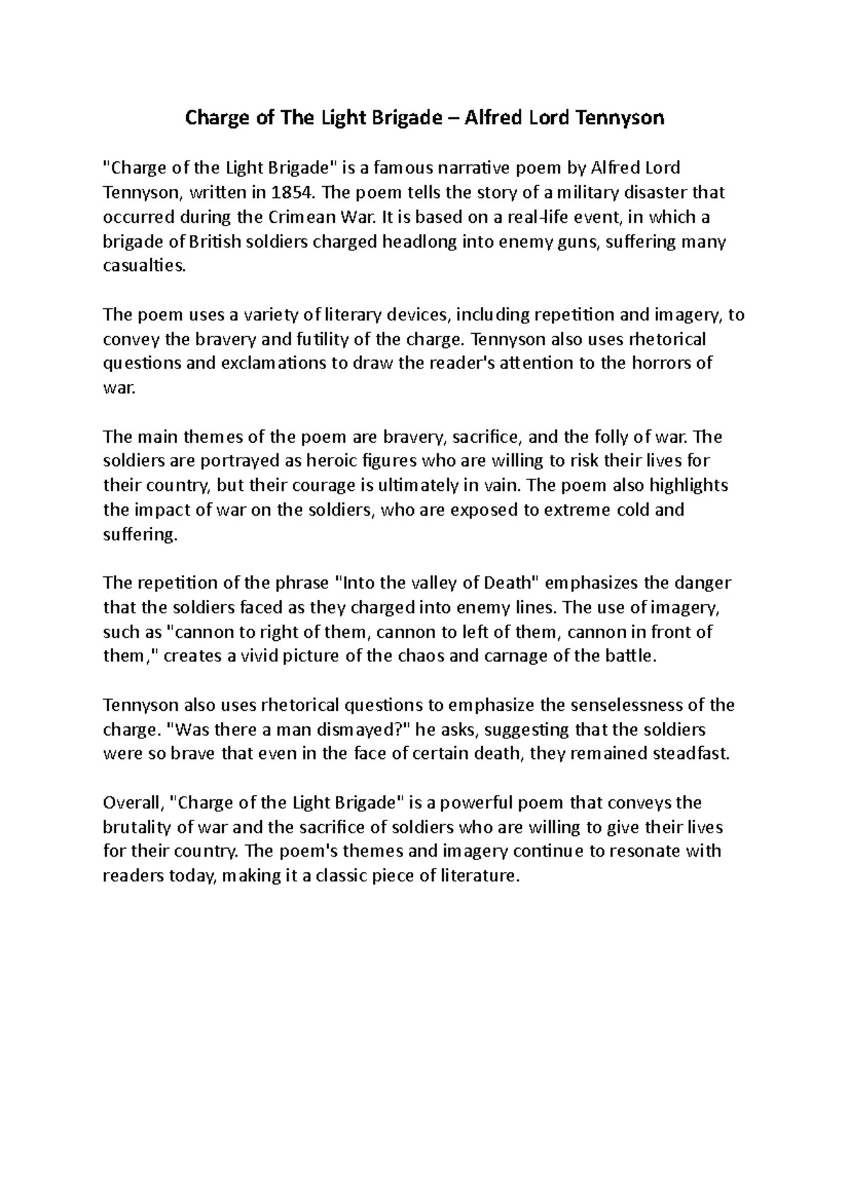 Charge of The Light Brigade - Alfred Lord Tennyson - Charge of The ...