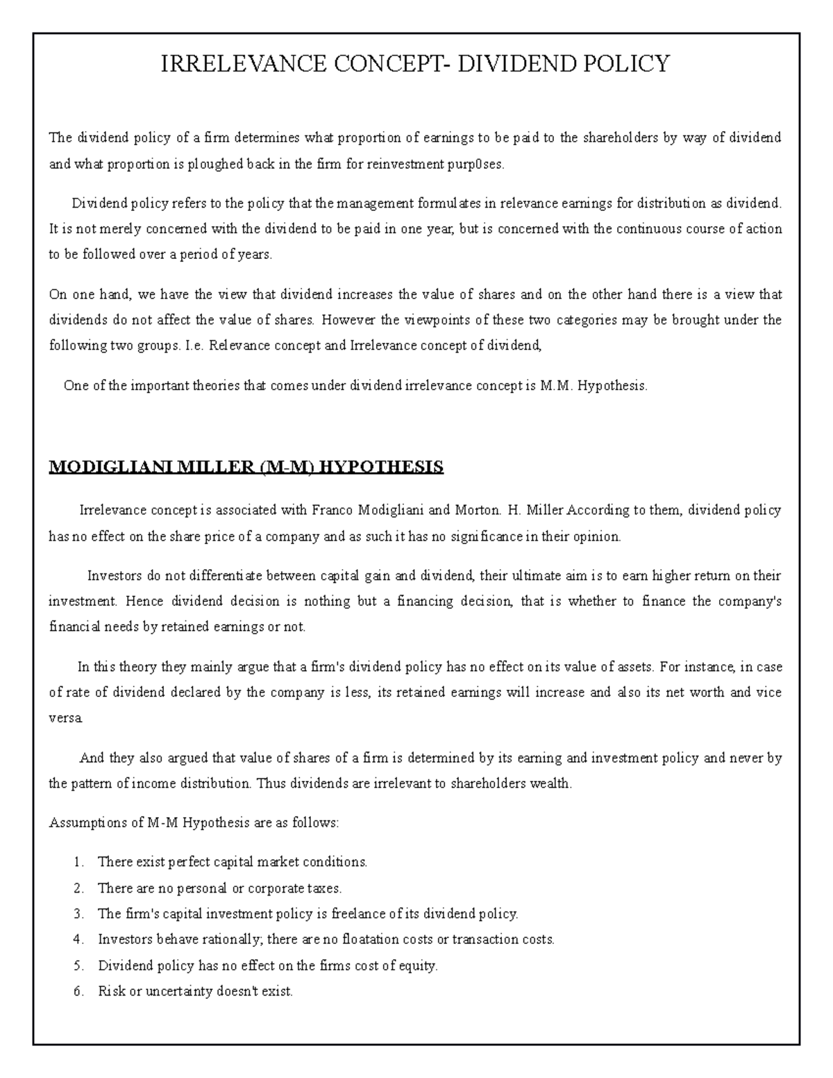 irrelevance concept - IRRELEVANCE CONCEPT- DIVIDEND POLICY The dividend ...