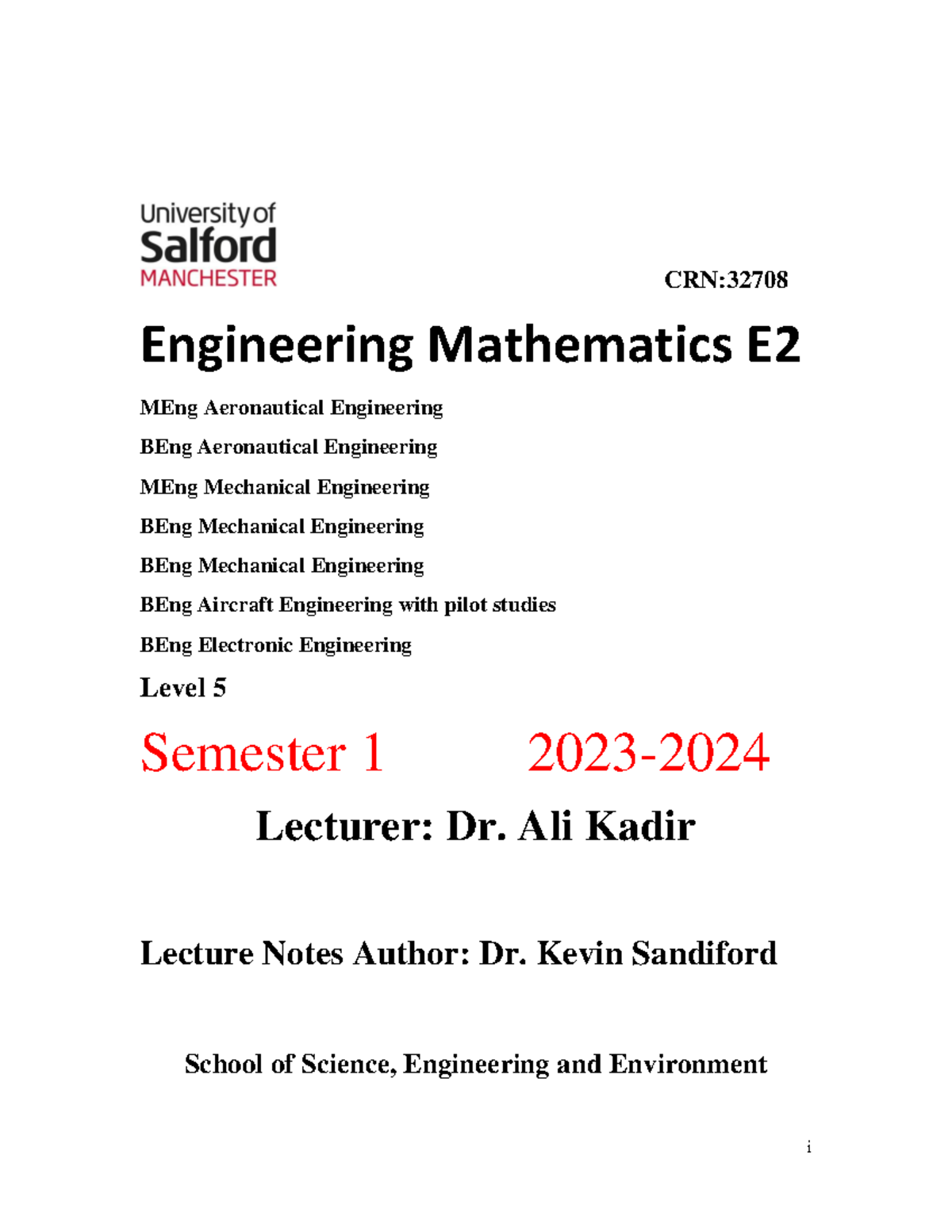 Lect Notes E2 S1 - Semester 1 Year 2 - i CRN: Engineering Mathematics E ...